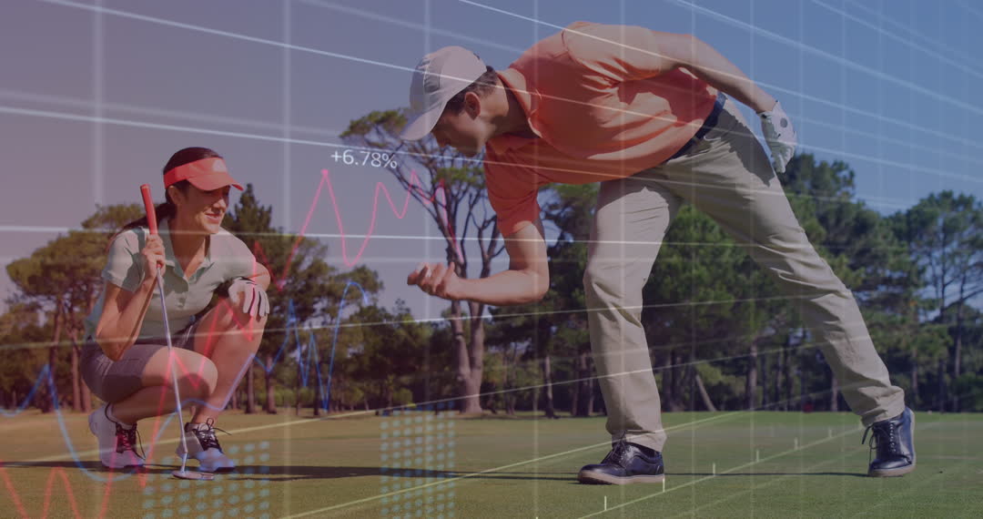 Golf Players Analyzing Swing with Digital Data Overlay