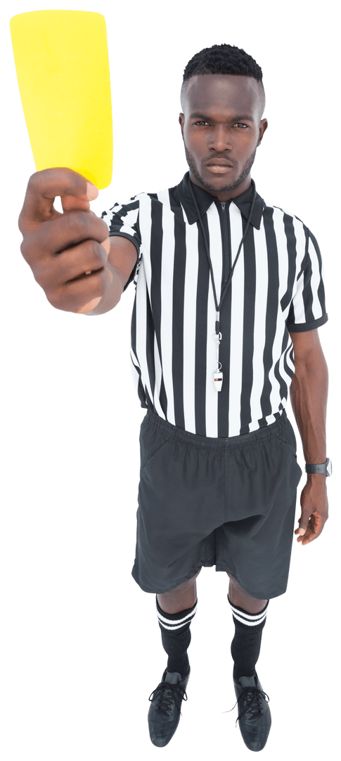 Soccer Referee Holding Transparent Yellow Card in Action