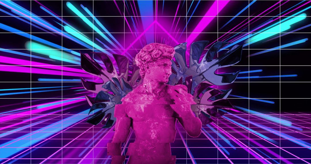 Vibrant Neon Classical Statue in Digital Vaporwave Grid
