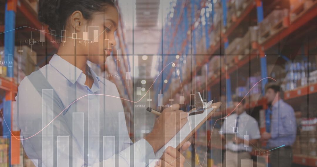 Woman Analyzing Logistics Data in Warehouse with Digital Overlay Graphics