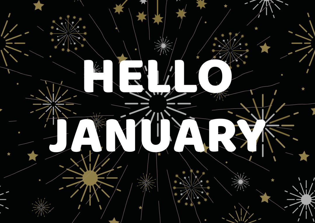 Hello January Text with Fireworks in Night Sky