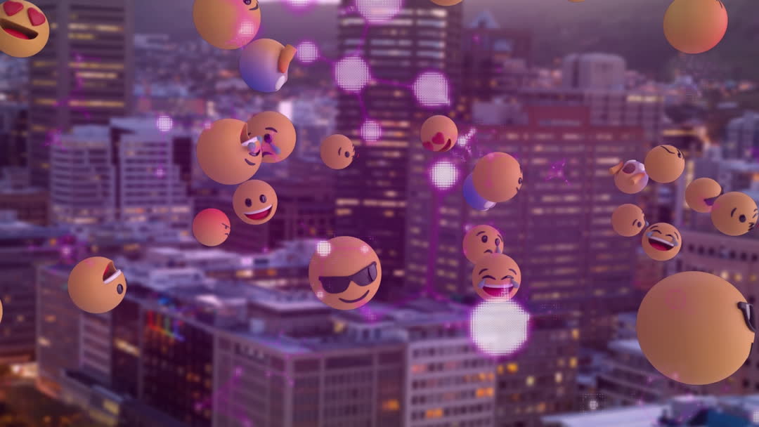 Floating Emoji Icons Over Night Cityscape Symbolizing Social Media ...