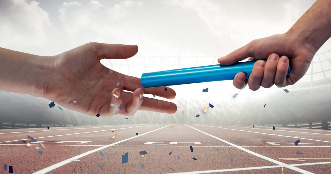 Close-Up of Relay Race Baton Exchange with Confetti Celebration