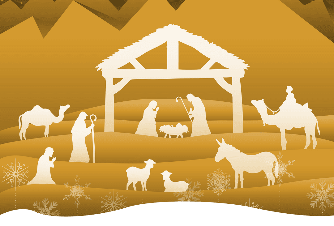 Transparent Nativity Scene Illustration with Mountains and Animals