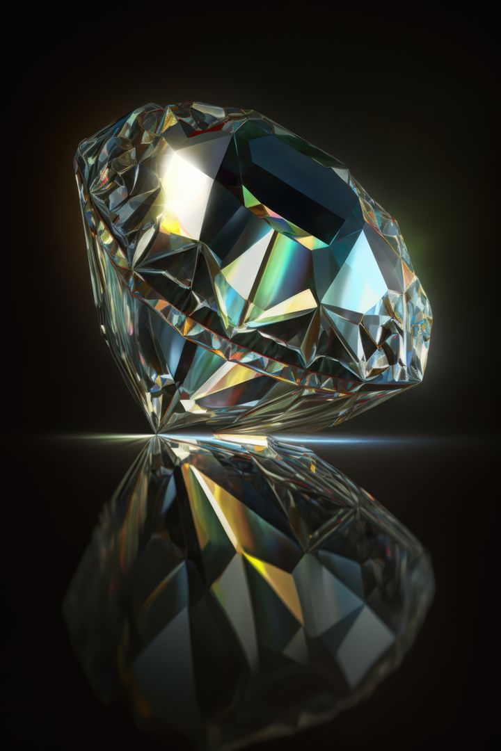 Close Up of Cut Diamond Reflecting Light on Black Background