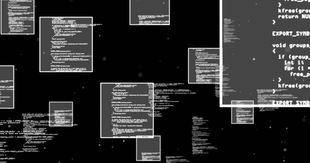 Floating Code Windows on Black Background Visualizing Data Processing