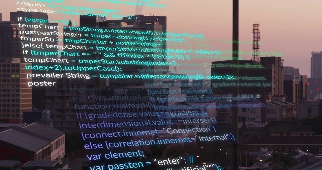 Computer Code System Overlay on Urban Sunset Skyline - Free Stock Photo ...