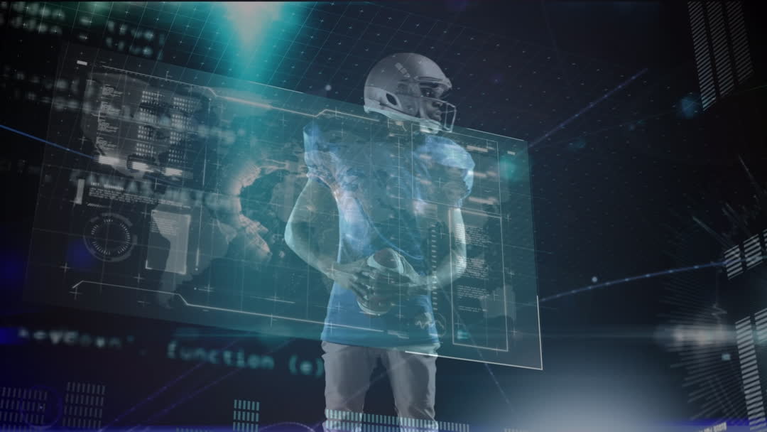 Futuristic sports technology with rugby player and digital interface ...