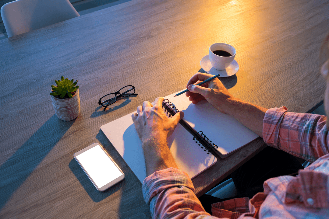 Transparent Writer Journaling Evening Thoughts at Office Desk - Free ...