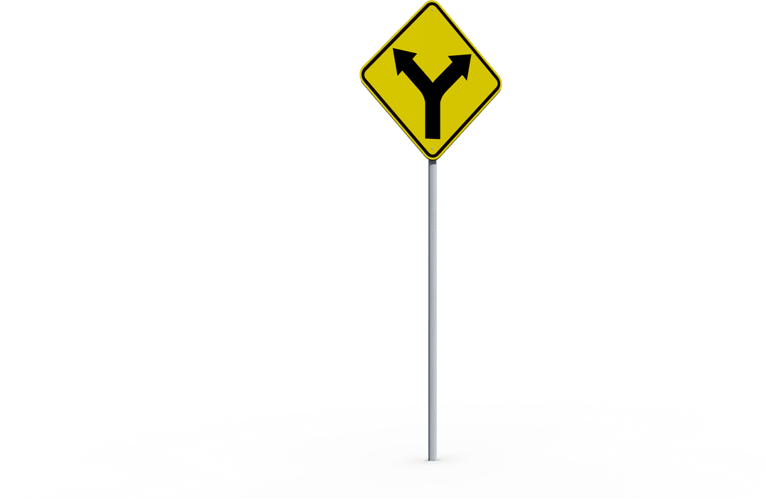 Yellow Directional Sign with Diverging Arrows on Transparent Background