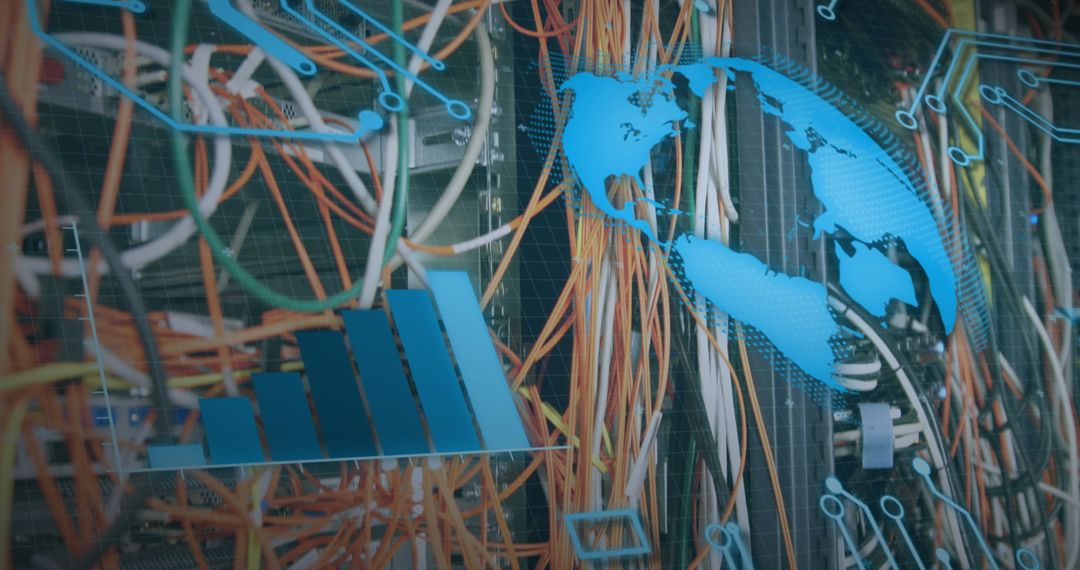 Interconnected Network Cables and Digital World Map Graphic