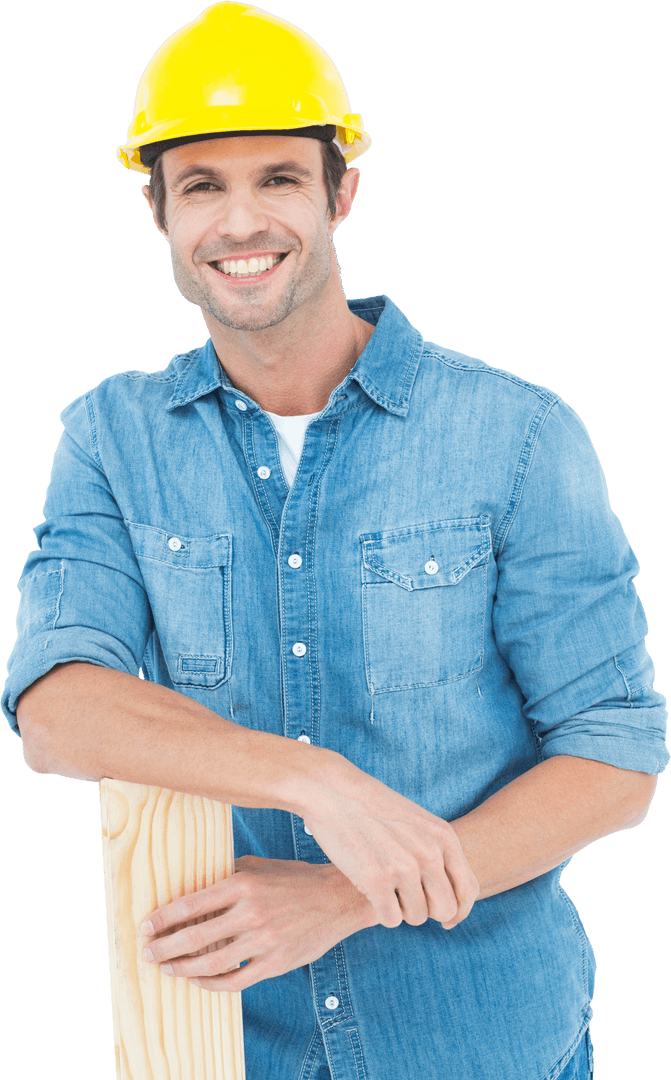 Content Carpenter Wearing Hard Hat on Transparent Background