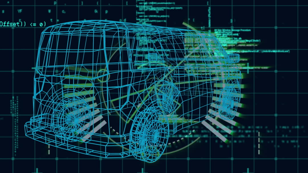 Futuristic Electric Vehicle Wireframe with Data Overlay