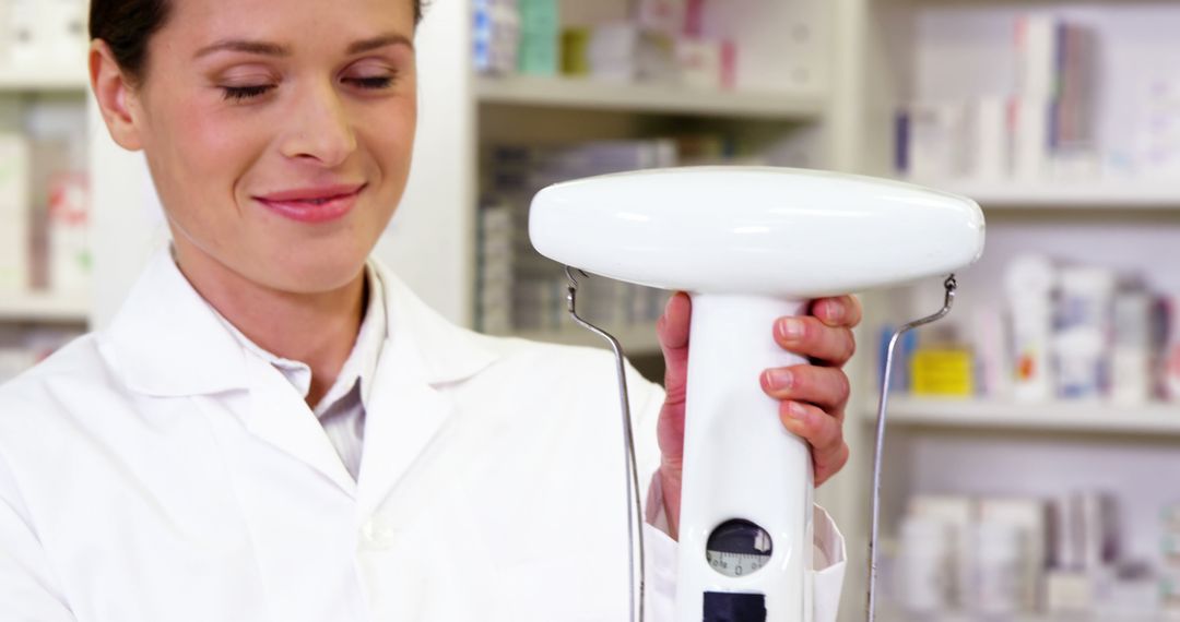 Pharmacy Professional Weighing Medication on Scale