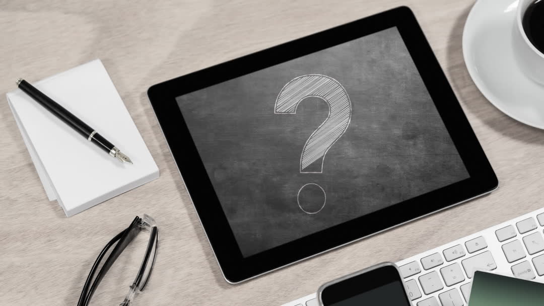 Digital tablet displaying question mark on chalkboard screen - Free ...