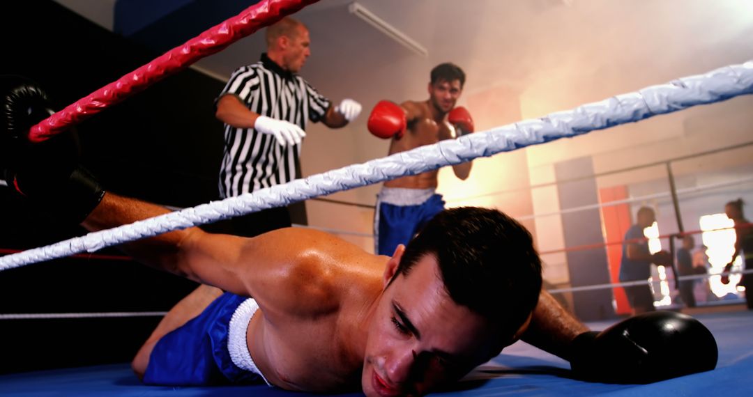 Boxer Down on Canvas After Knockout in Intense Boxing Match