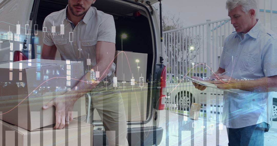 Logistics Team Collaborating with Digital Data Overlay