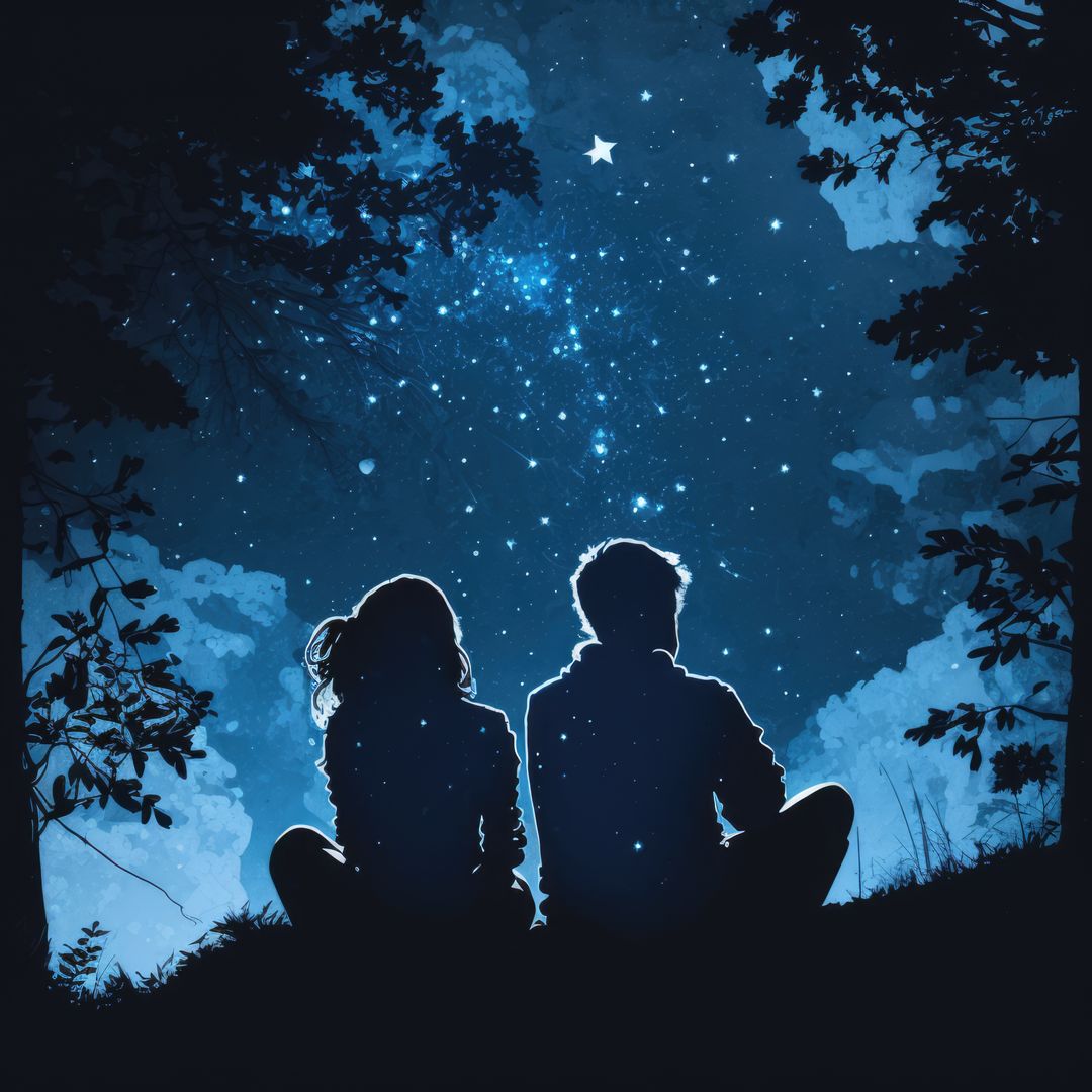 Romantic Couple Stargazing Beneath Night Sky in Scenic Field