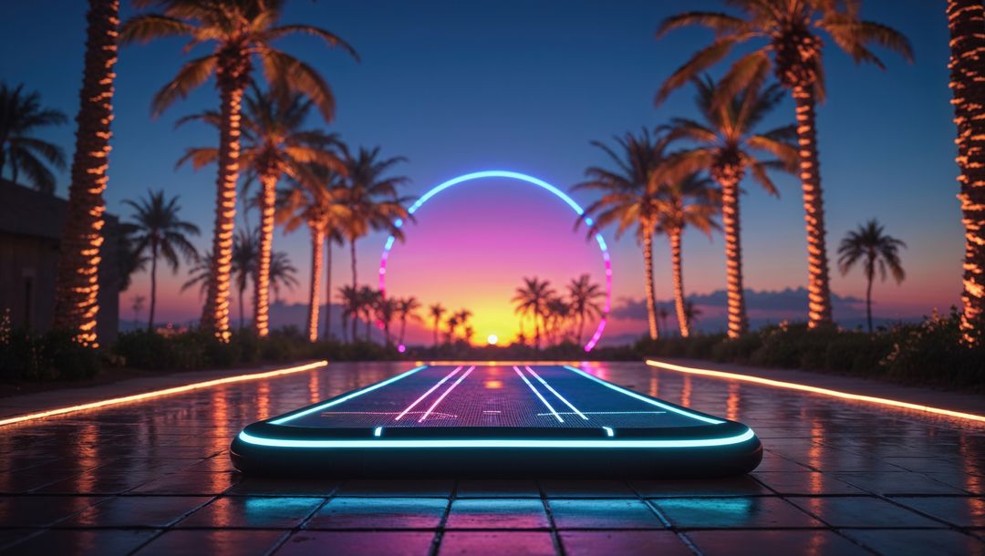 Futuristic Neon Walkway with Glowing Palms and Sunset - Free Stock ...