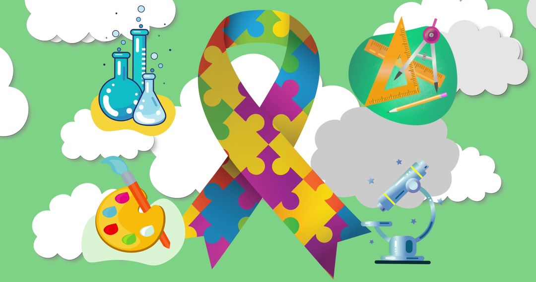 Autism Awareness Concept with Puzzle Ribbon and Education Symbols
