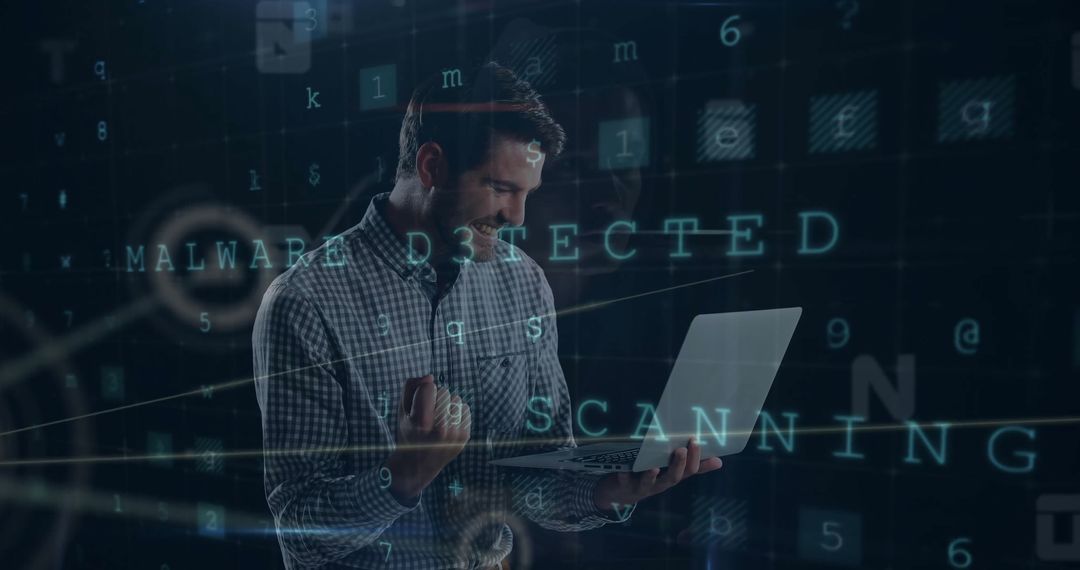Man Celebrating Malware Detection and System Scanning Success