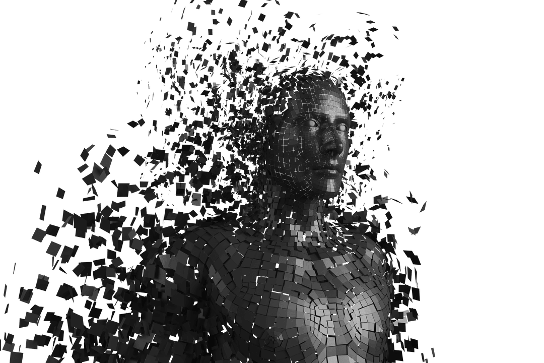 Digital Human Figure in Black Crumbling Effect on Transparent Background