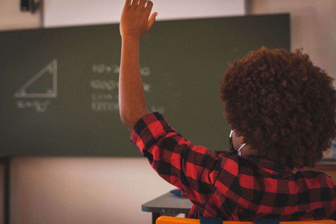 Schoolboy Participating in Math Class with Mask