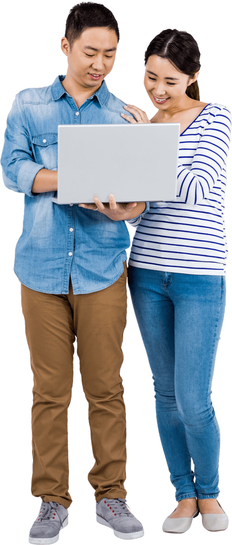 Smiling Couple Engaging with Laptop on Transparent Background