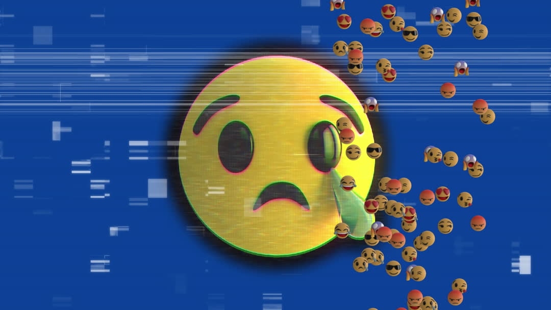 Distorted Emoji Animation on Digital Blue Background