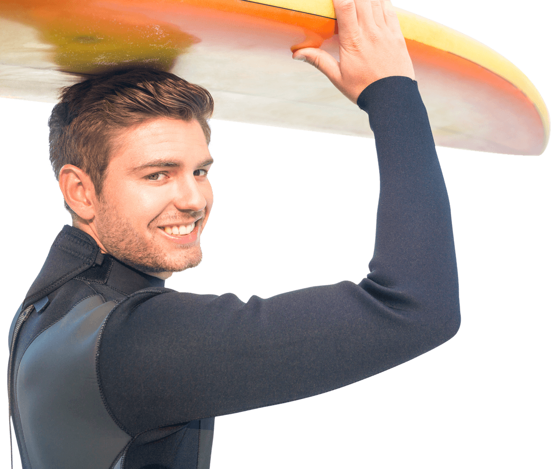 Smiling Surfer with Board on Transparent Background