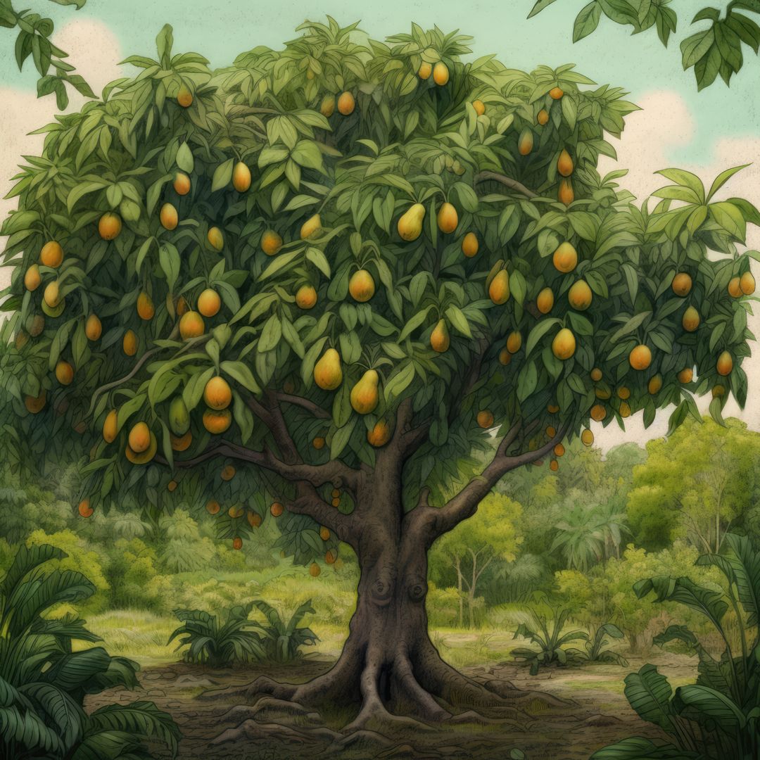 Lush Mango Tree Laden with Fruit in Tropical Landscape
