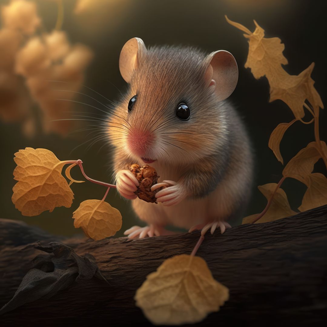 Adorable Mouse Enjoying Nut Among Autumn Leaves on Branch