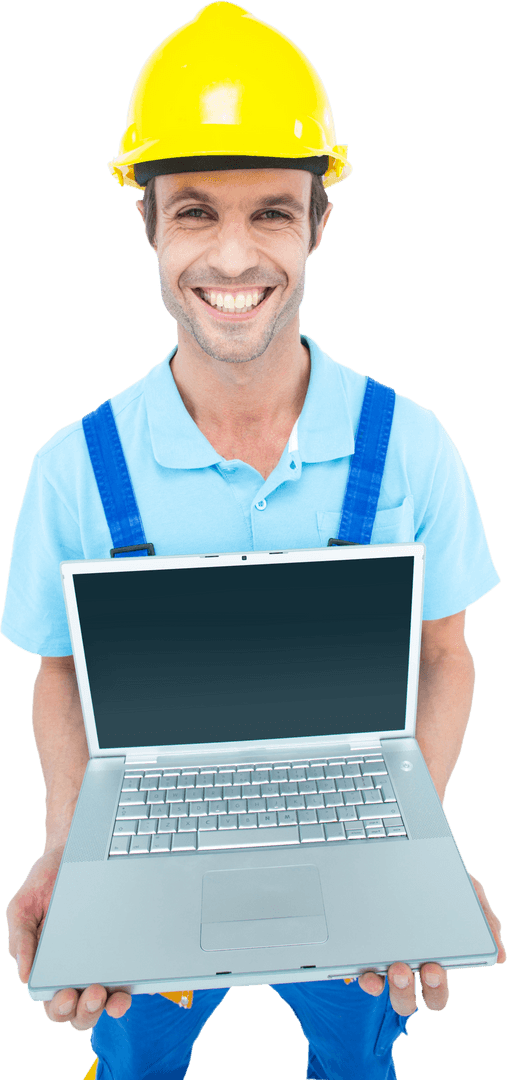 Transparent Repairman Holding Laptop Wearing Hard Hat, Smiling