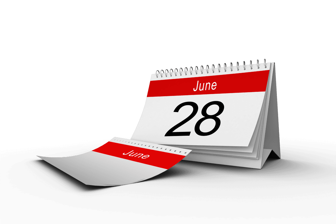 June 28 Calendar on Transparent Background with Empty Card Emphasis