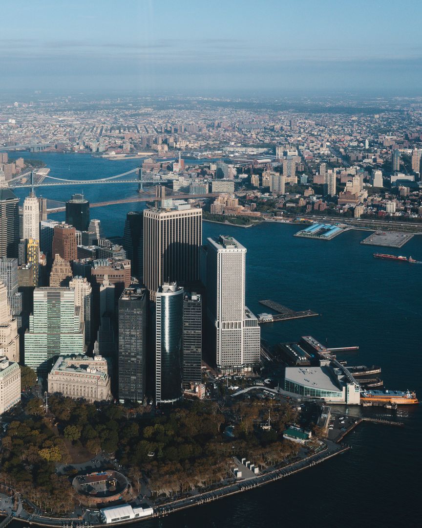 Aerial View of Lower Manhattan with Hudson River and Brooklyn Bridge